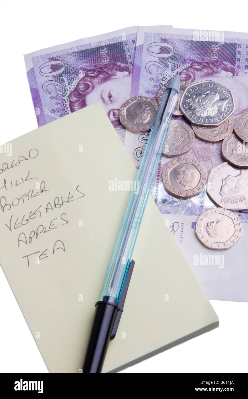 Shopping list pen and money Stock Photo - Alamy