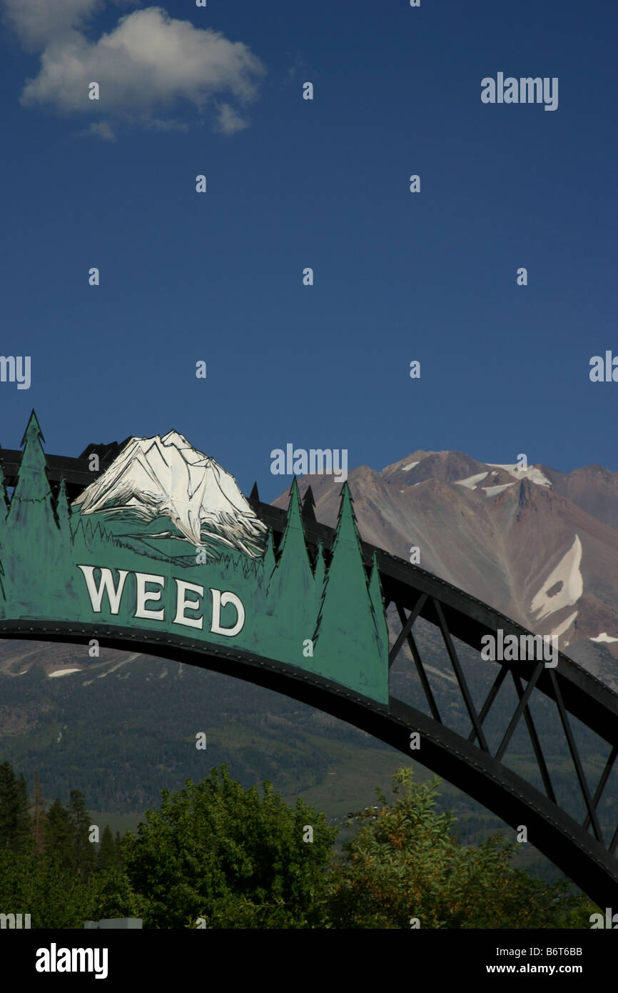 Archway welcome sign to Weed, California with Mt. Shasta in the ...