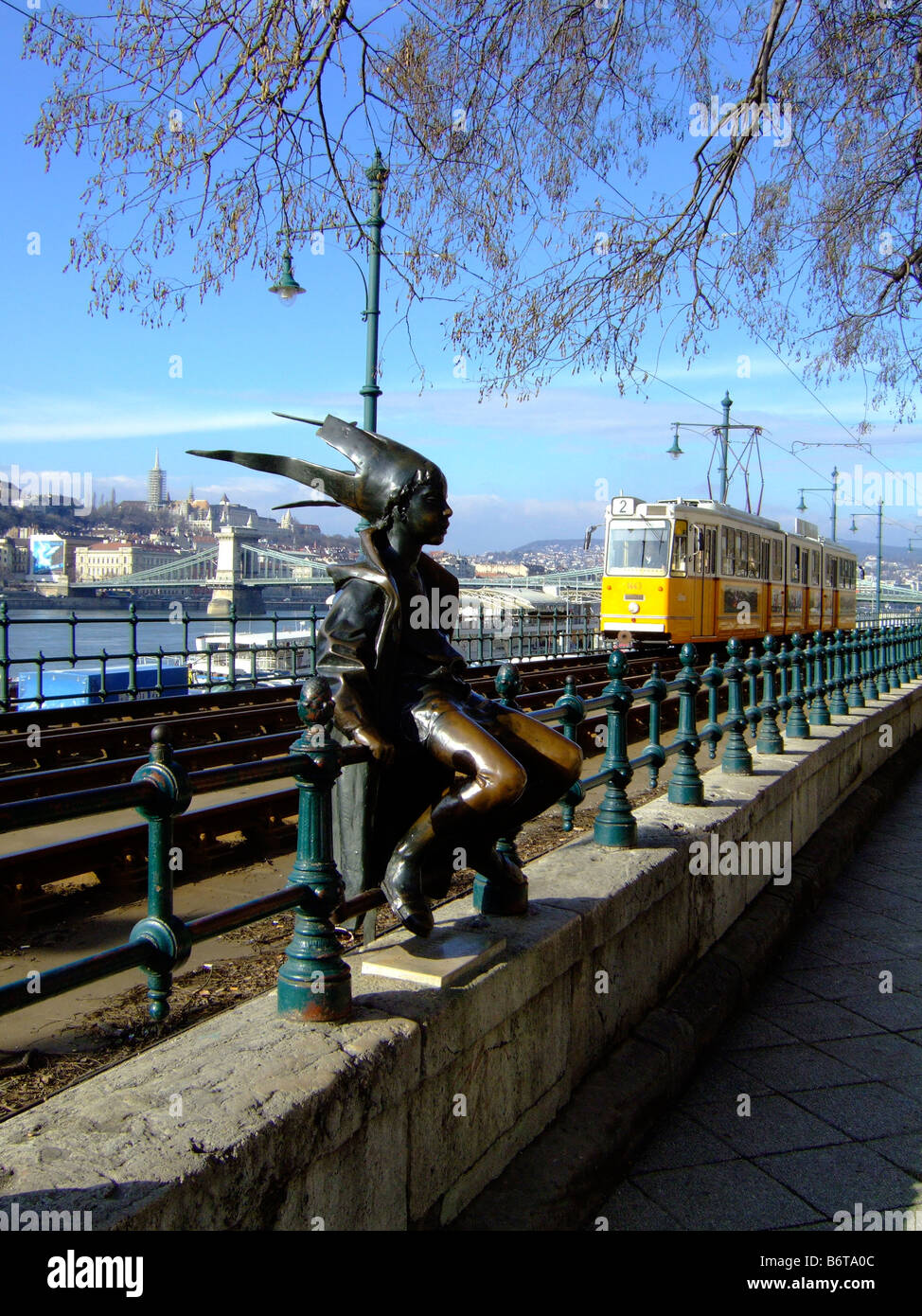 River walkway in Budapest showing the River, Bridge and tram transport ...