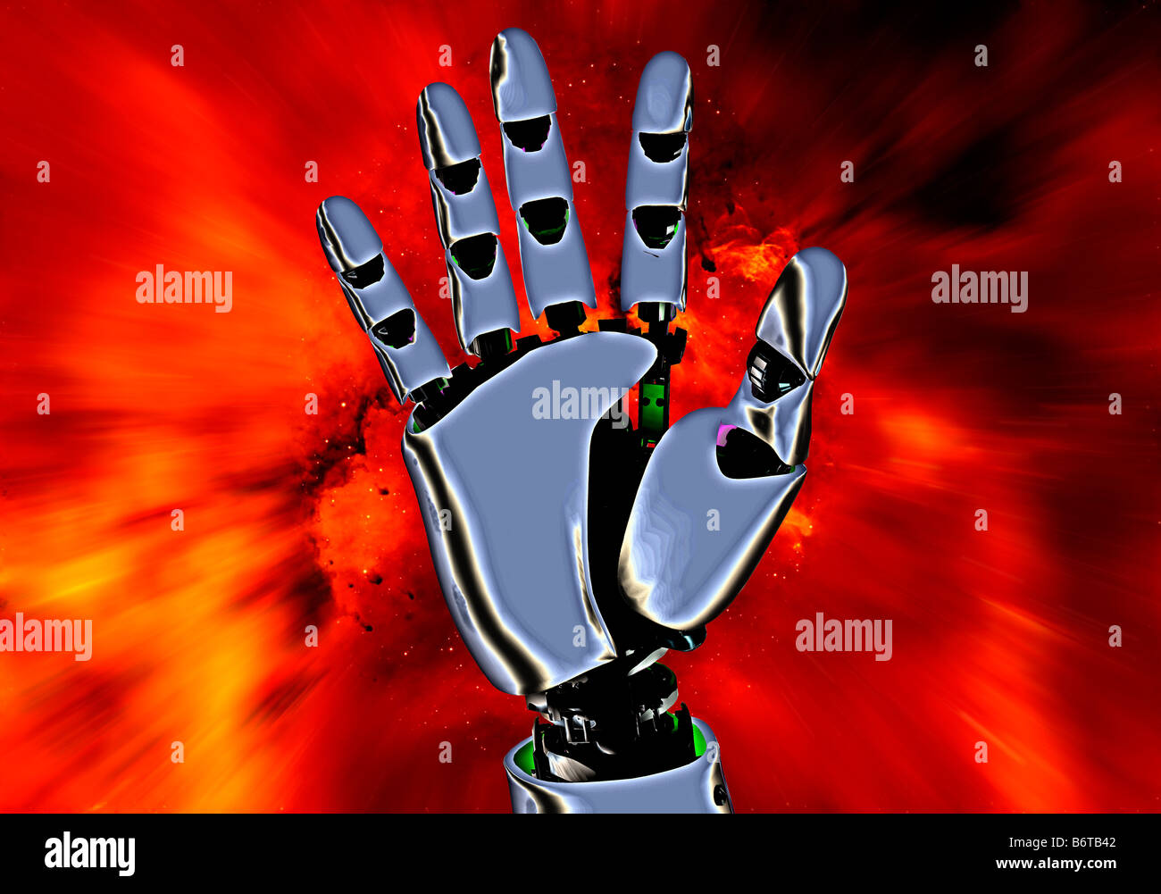 computer generated 3D robotic hand reaching into outer space Stock ...