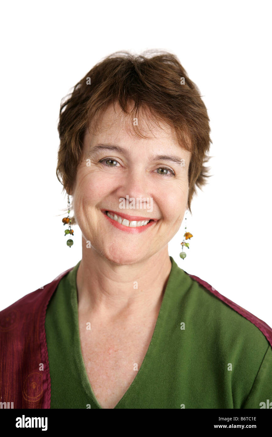 A headshot portrait of a cute middle aged Irish woman Isolated on white ...