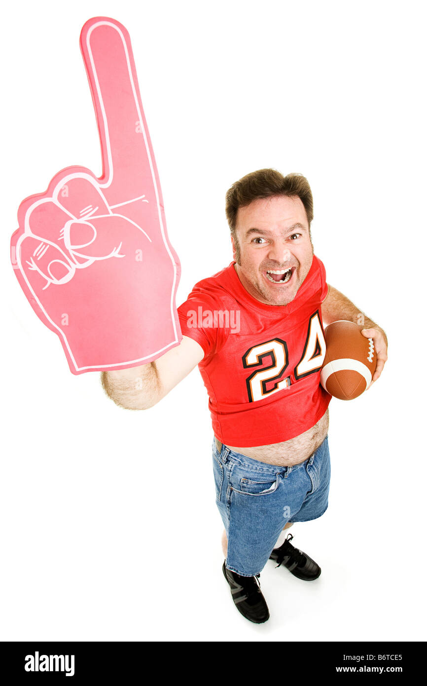 Enthusiastic middle aged football fan holding a football and wearing a ...