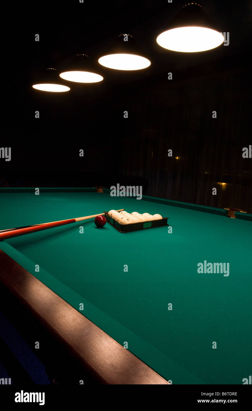 Billiard set on green table close up image Stock Photo - Alamy