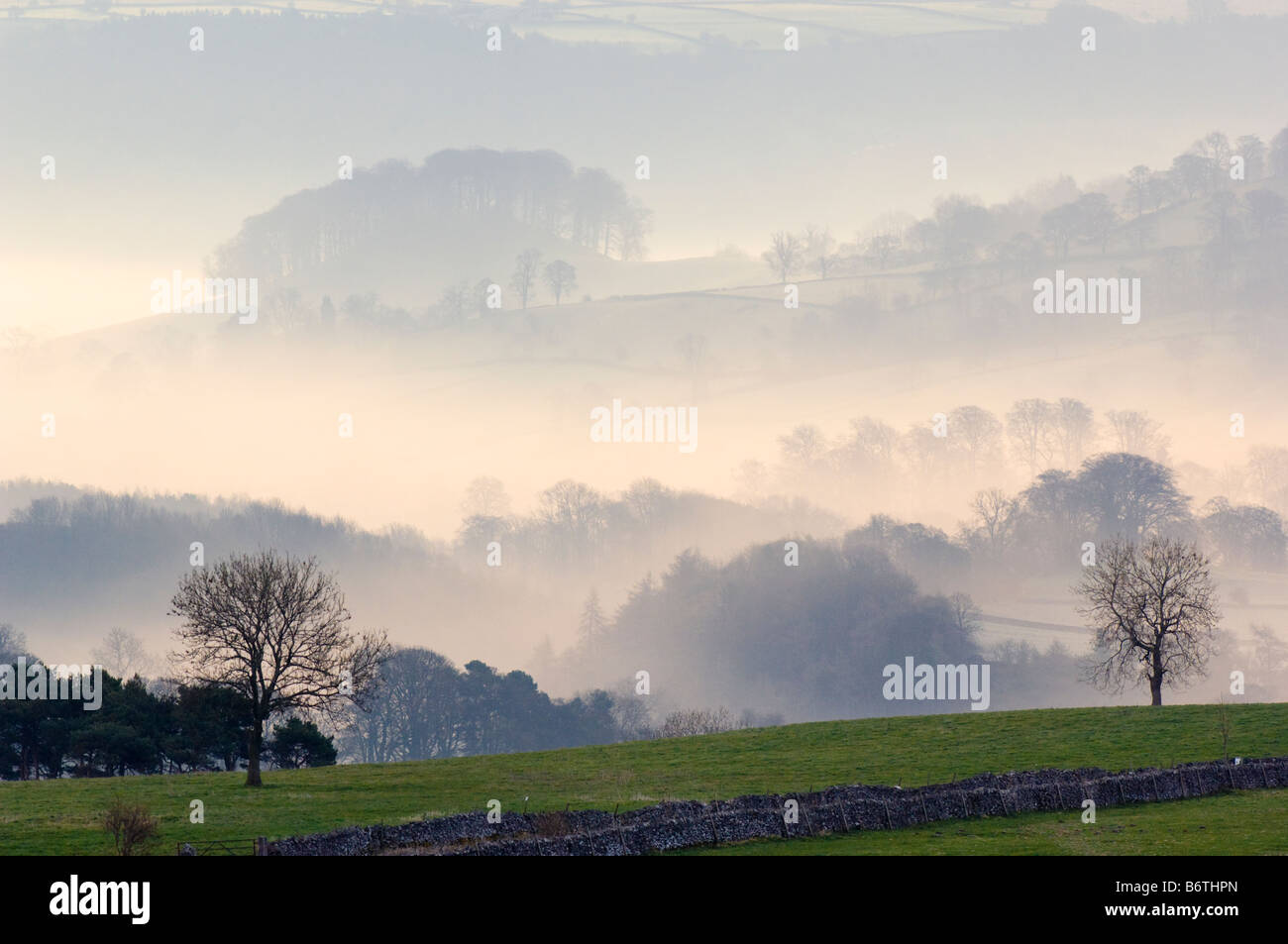 Morning mist, or inversion fog, over farmland in valley of the River ...