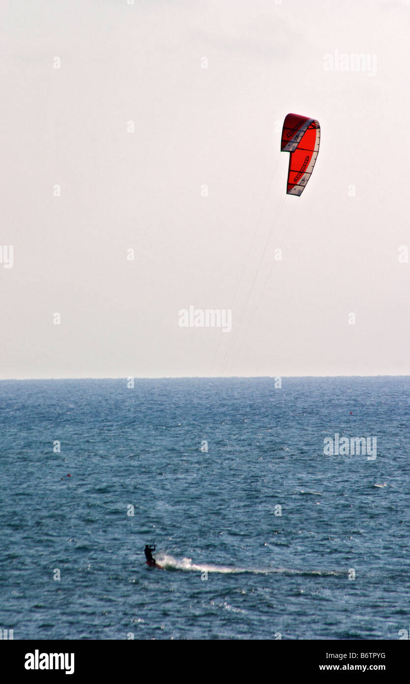 A surfer wind gliding with a sail wing. Sitges, Catalonia, Spain Stock ...