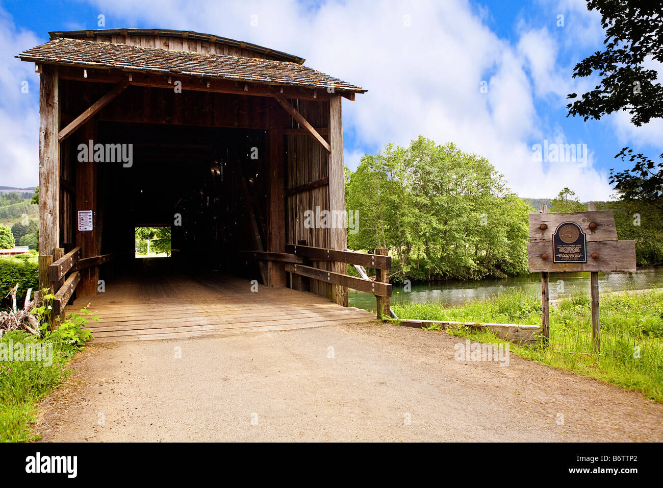 Image of the Grays River Covered Bridge looking down through the bridge ...
