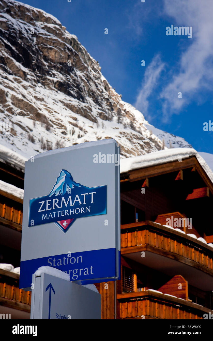 Train Station sign in the Swiss Alps village of Zermatt, Switzerland ...