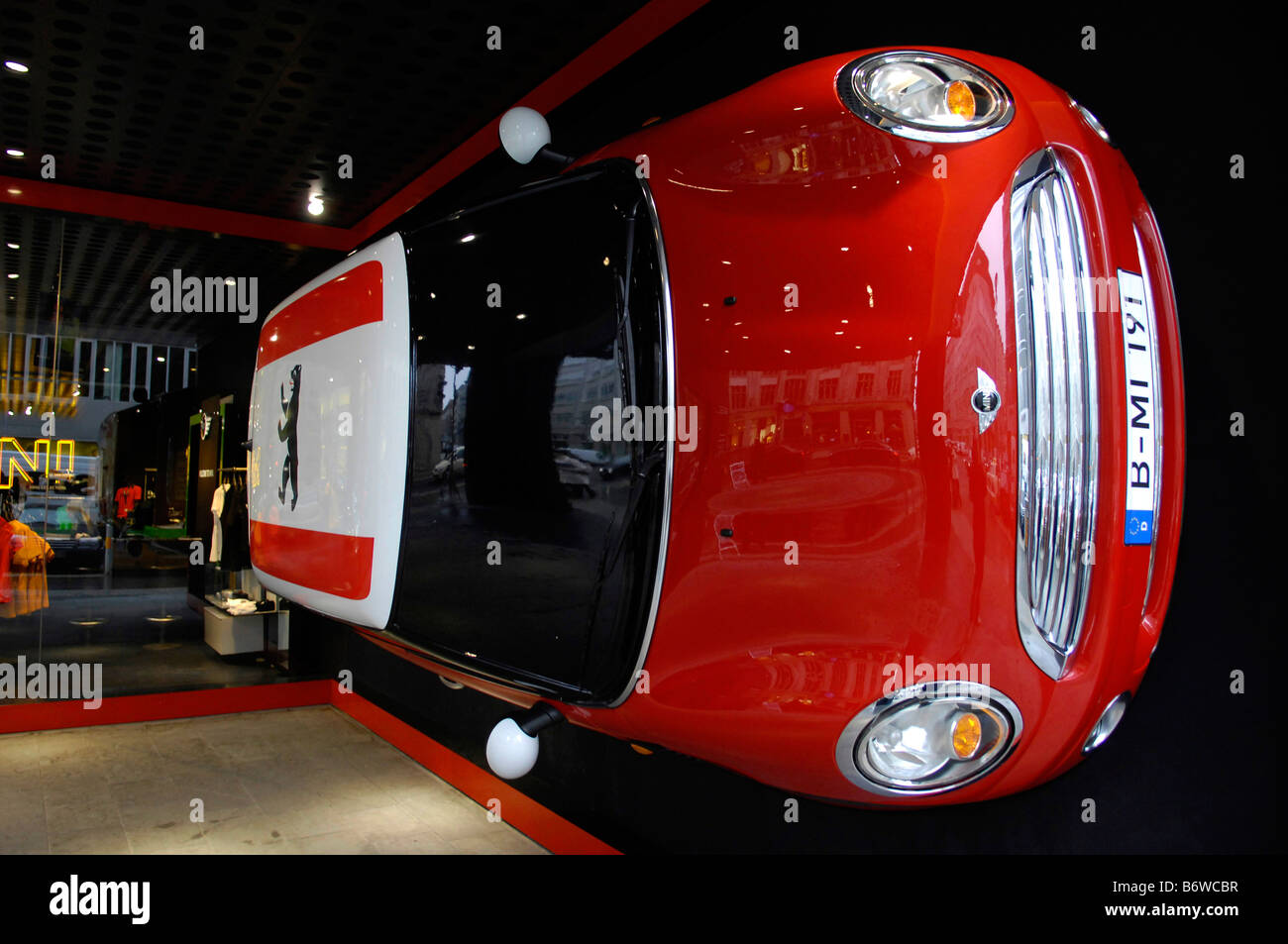 car advertising motor BMW mini Berlin germany red white flag ...