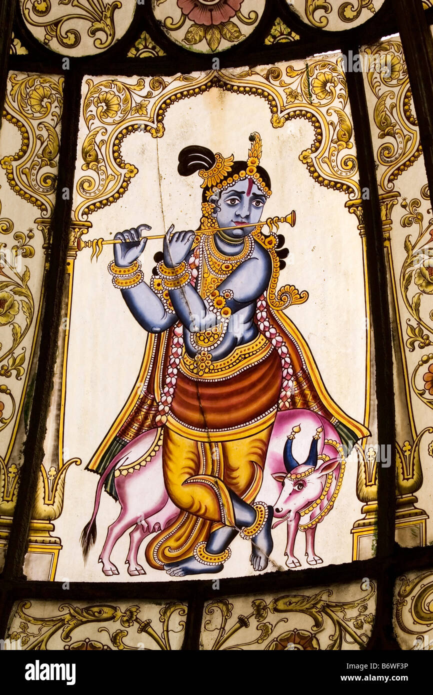 A Hindu mythological figure is painted onto a pane in the glass roof of ...