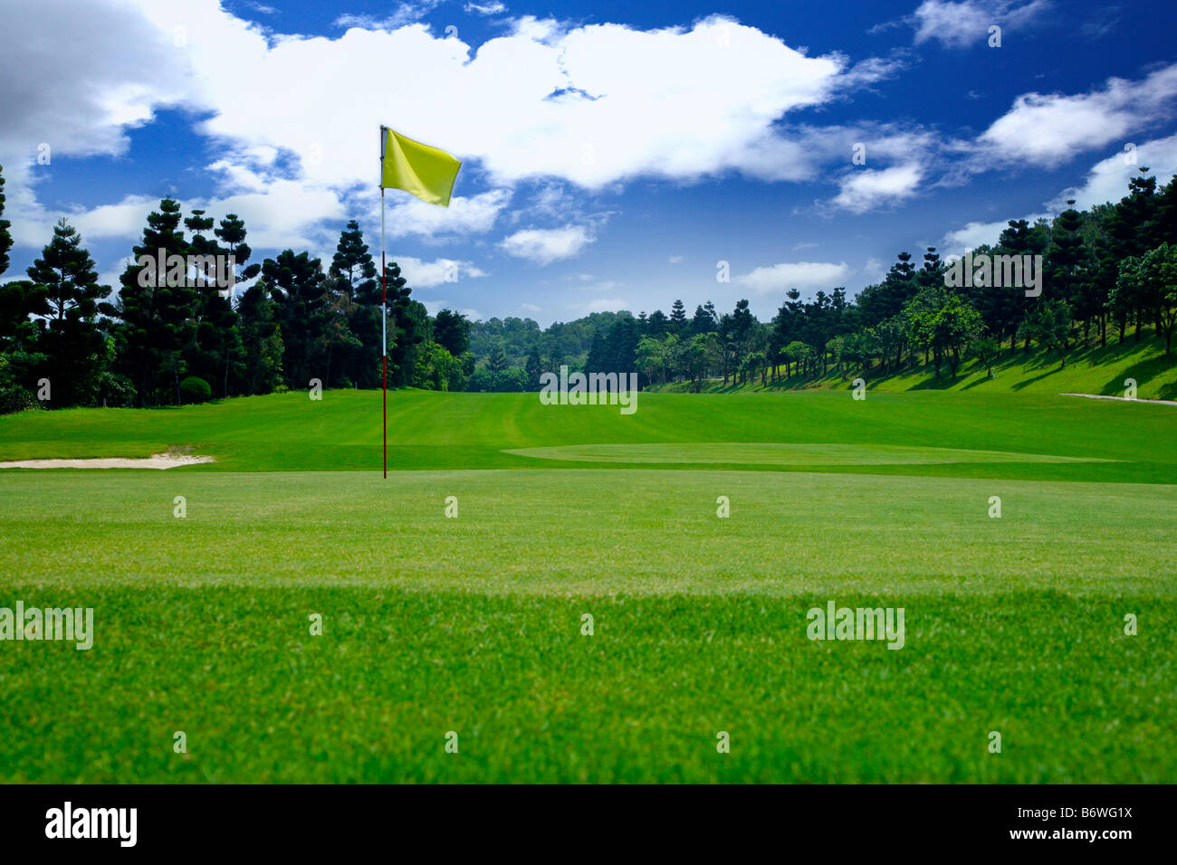 Yellow flag in golf course Stock Photo - Alamy