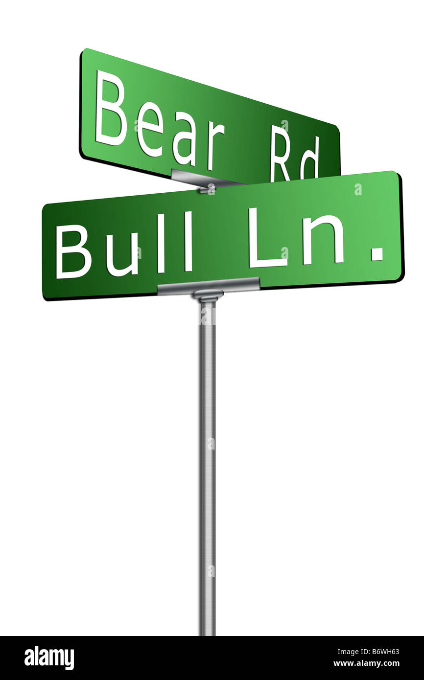 Illustration of two street signs depicting Bear Road and Bull Lane ...