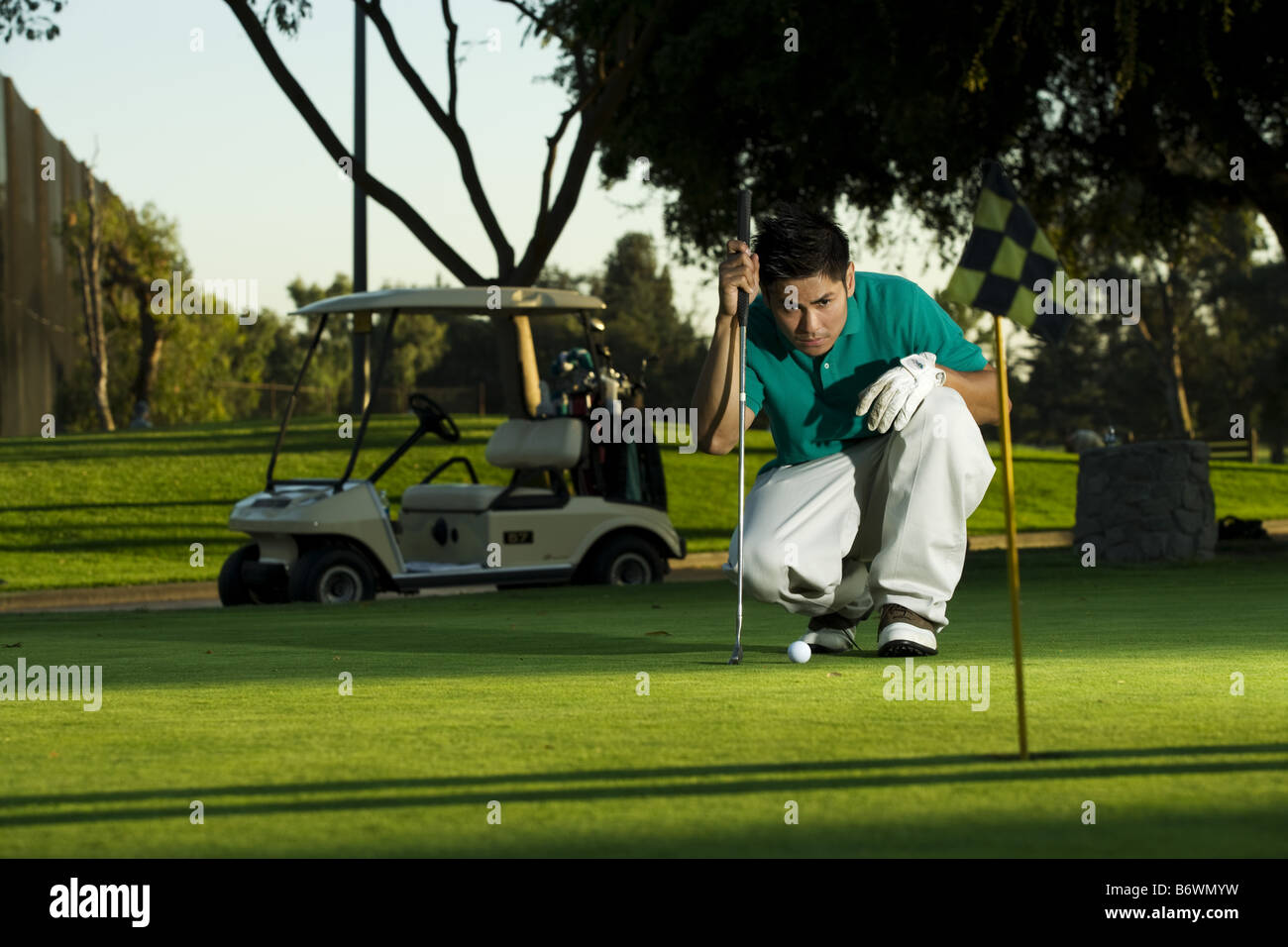 Golfer checking angle of ball before putt Stock Photo - Alamy
