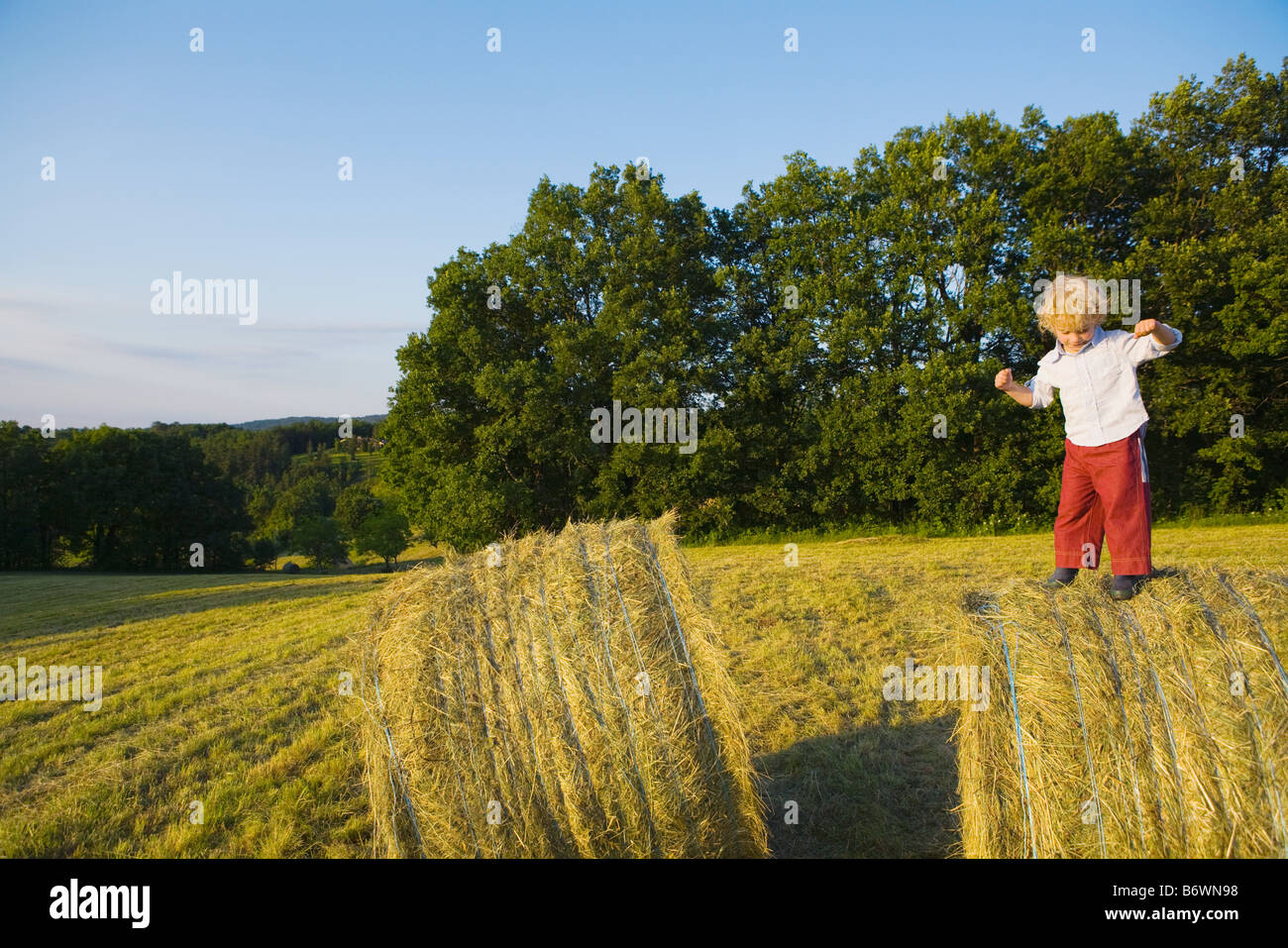 A boy standing on a haystack Stock Photo - Alamy