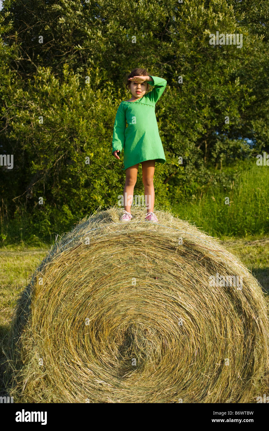 A girl standing on a haystack Stock Photo - Alamy