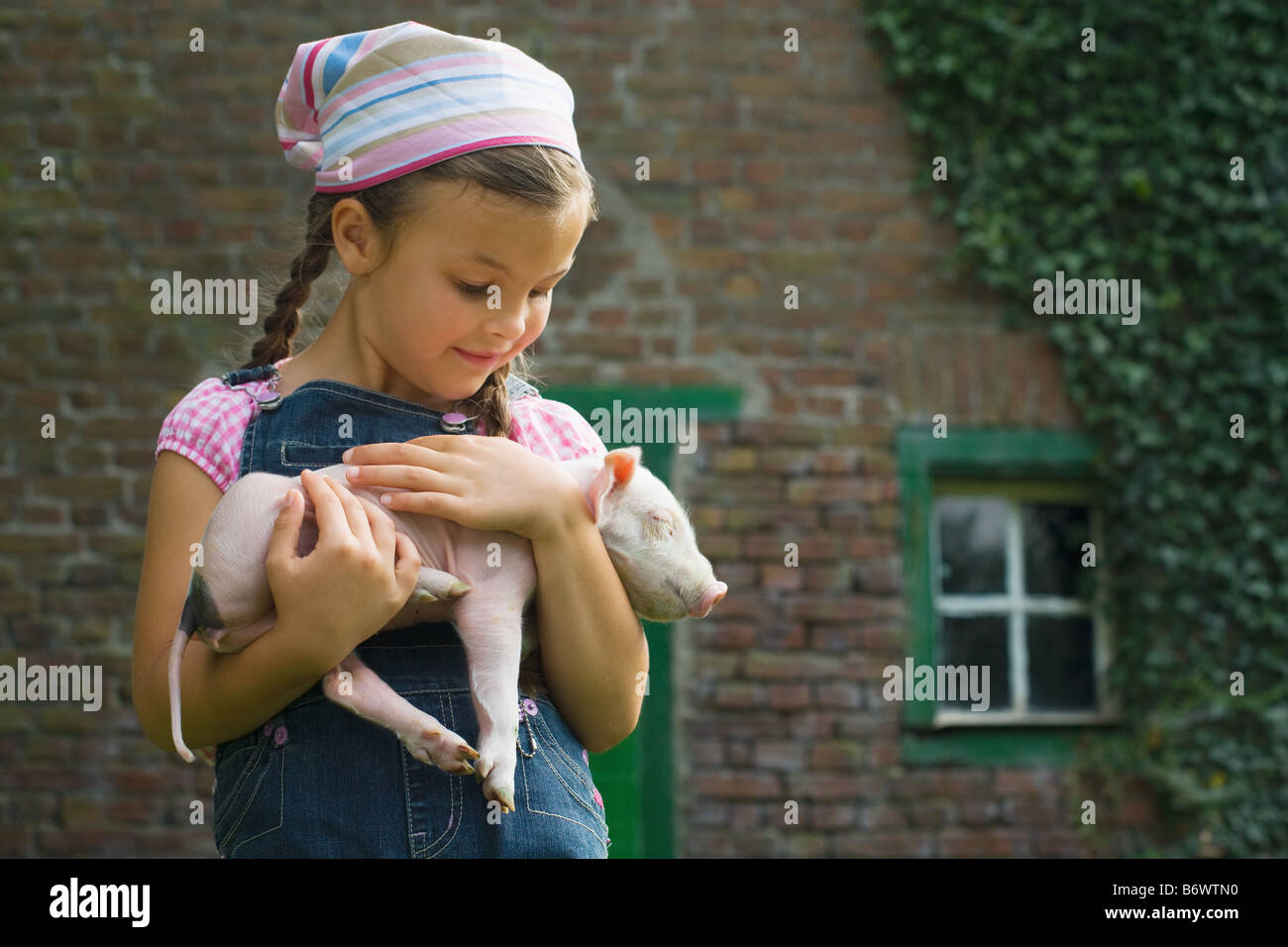 A girl holding a piglet Stock Photo - Alamy