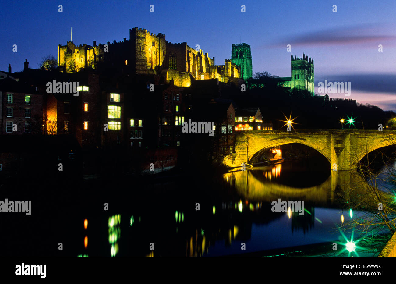 Durham Castle and Cathedral at night with River Wear in foreground ...