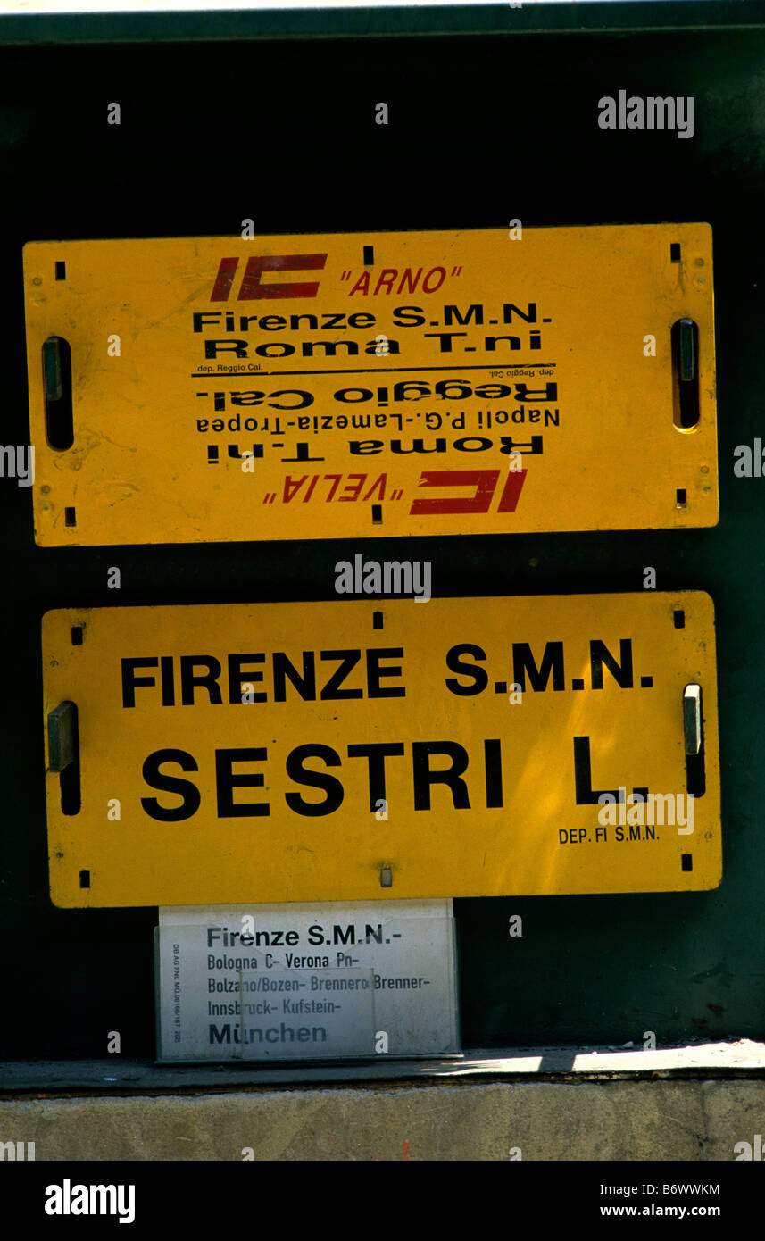 An Italian train information sign indicating the Florence-Rome-Florence ...