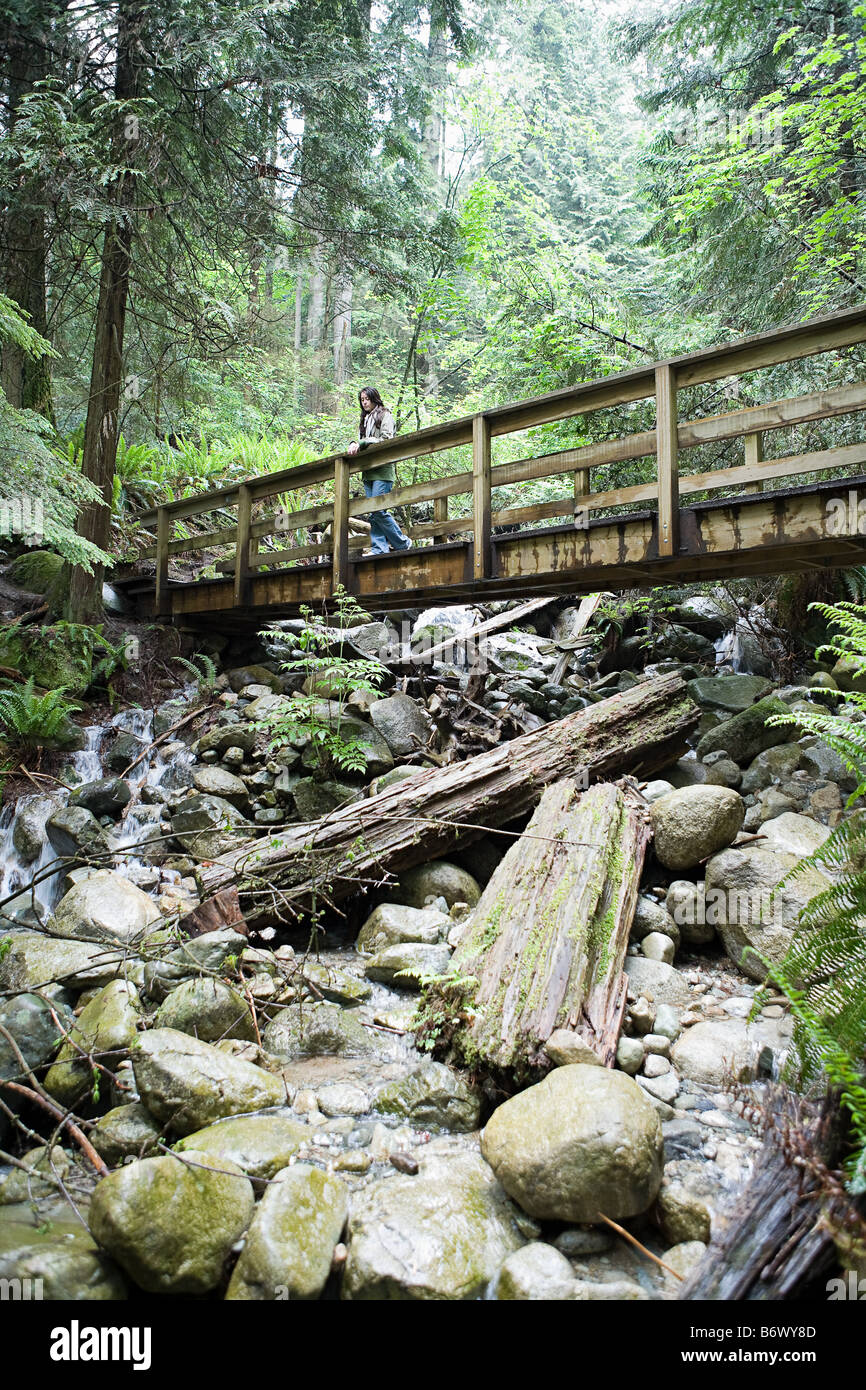 Woman on a bridge in forest Stock Photo - Alamy