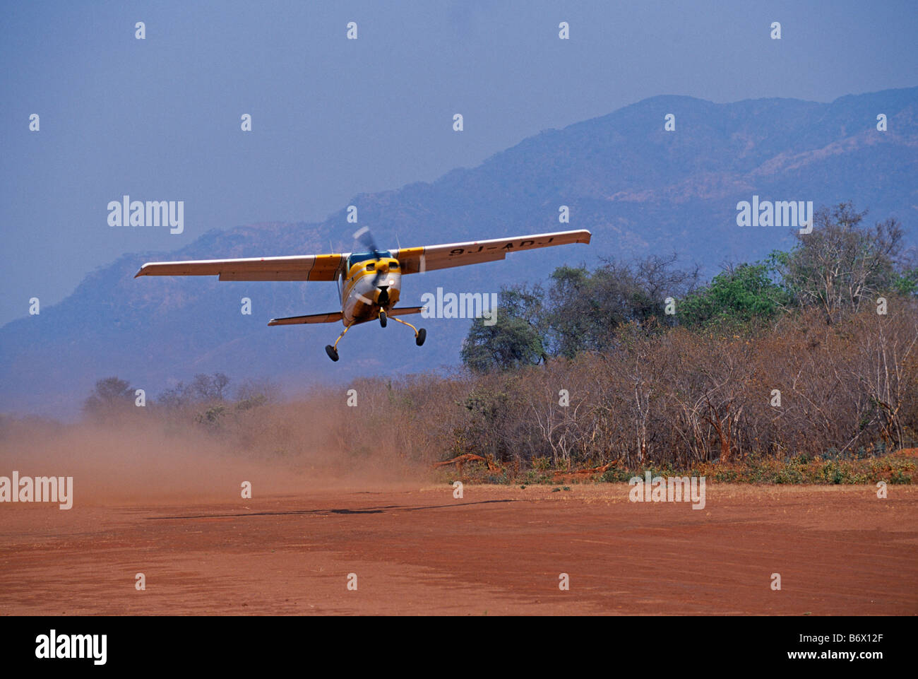 Zambia, Lower Zambezi National Park. Bush plane taking off from Royal ...