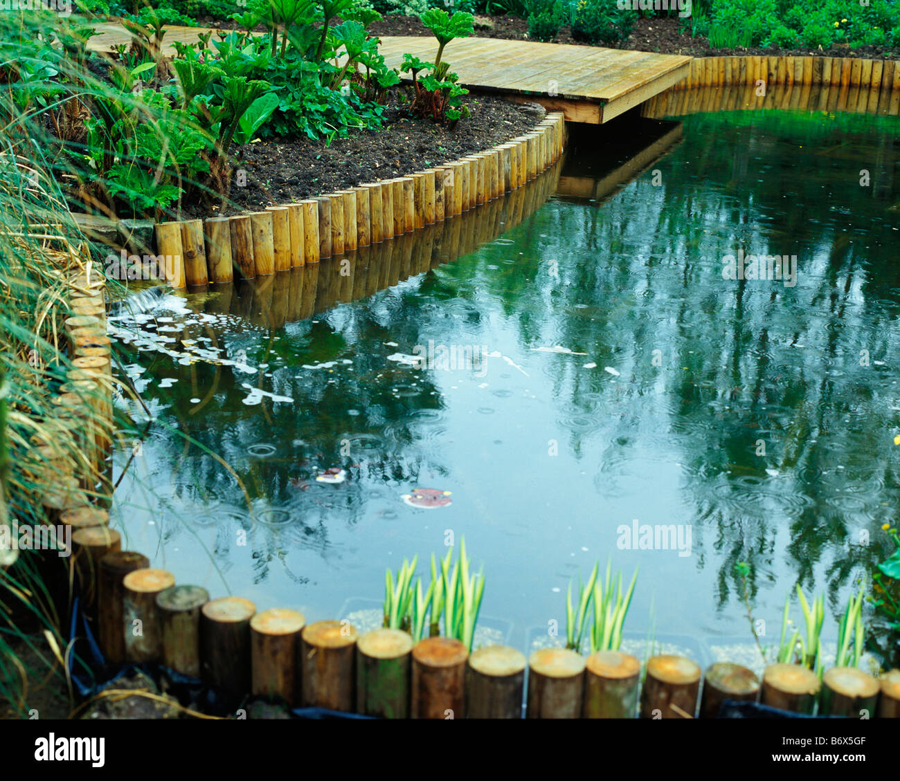 TREATED POLES CAN BE USED TO SUPPORT THE POND EDGE Stock Photo - Alamy