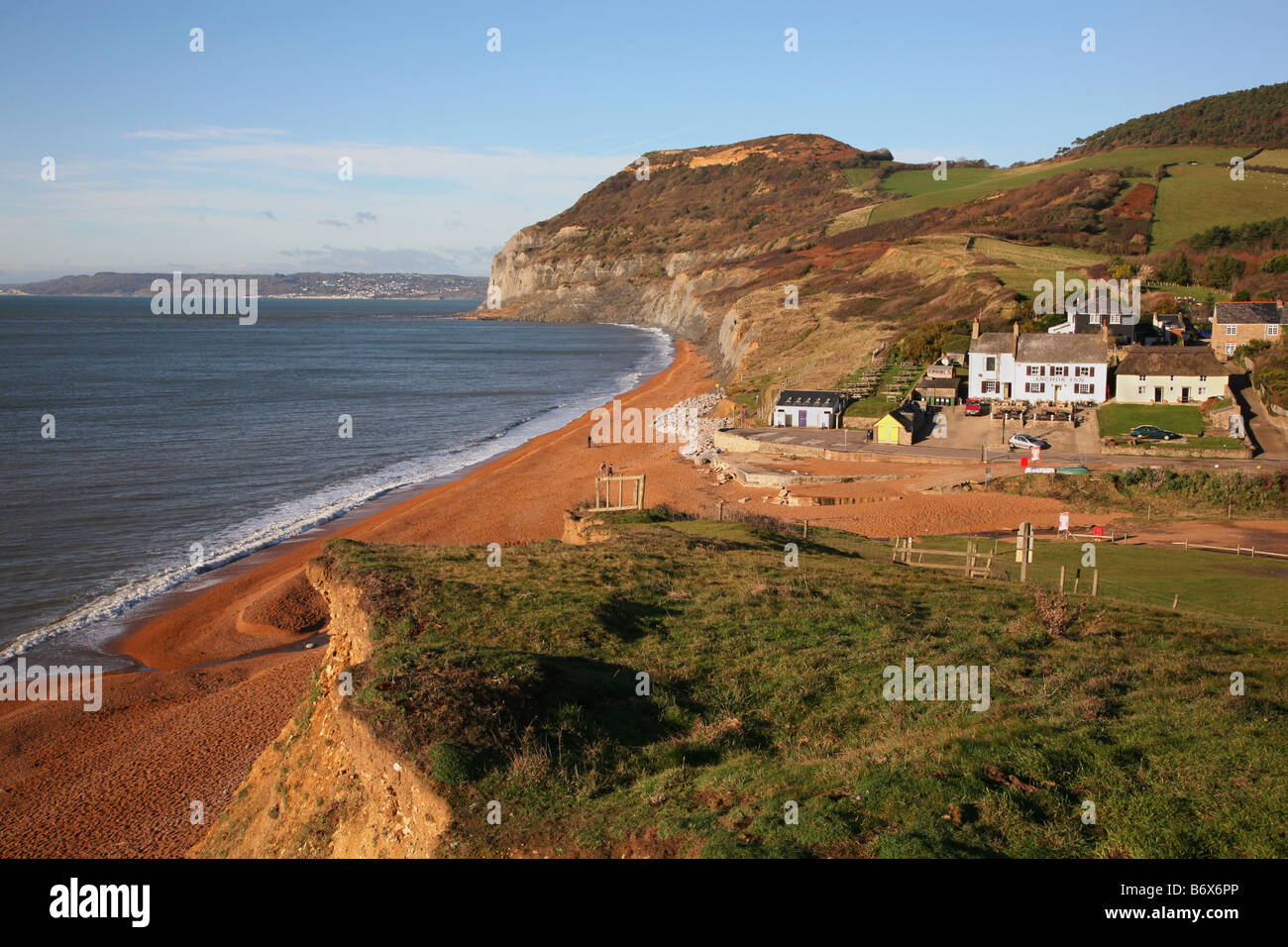 View along the shingle beach at Seatown, a hamlet near Chideock ...
