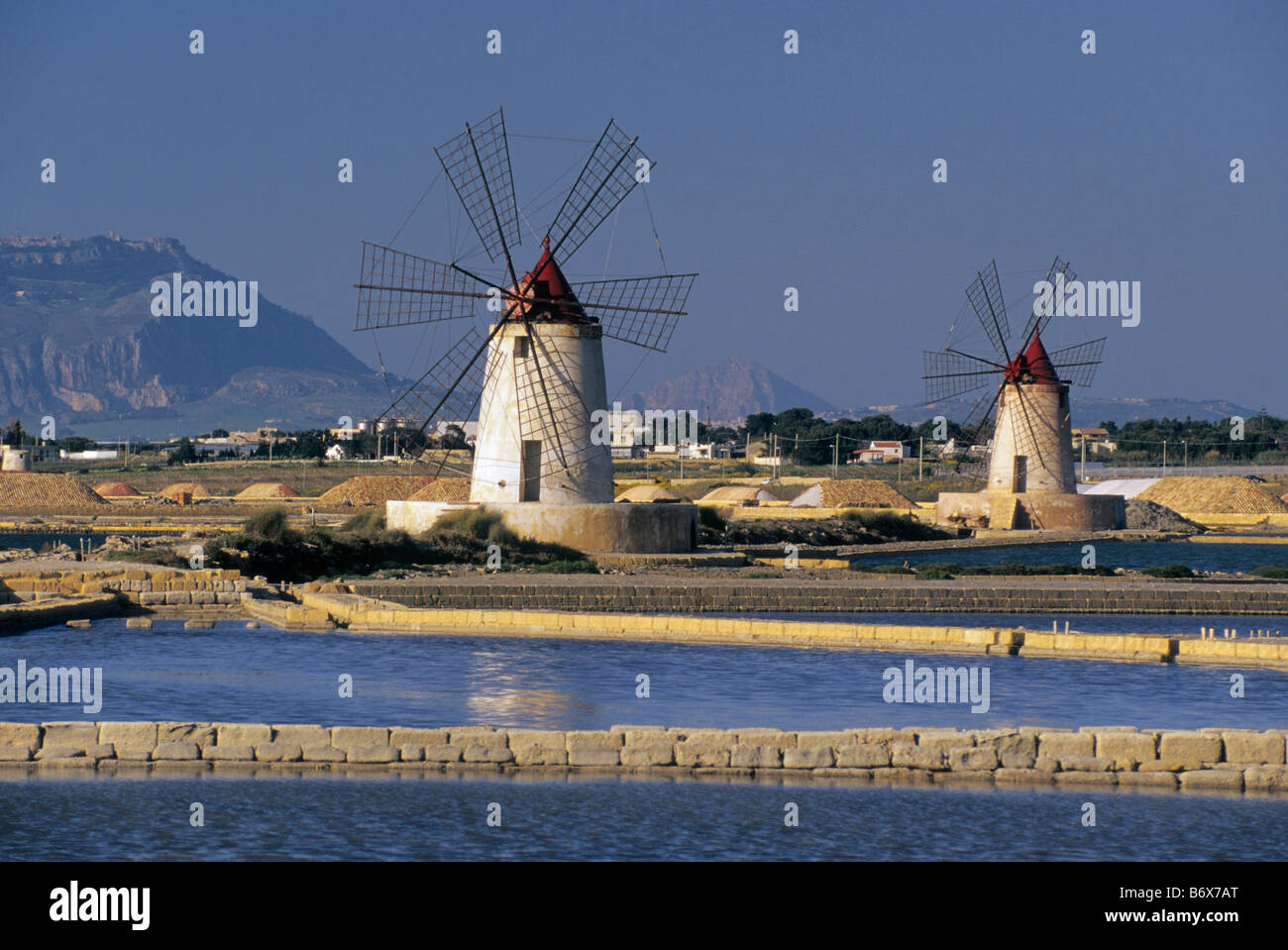 Windmills and salt pans at Stagnone lagoon near Mozia Mothia Sicily ...