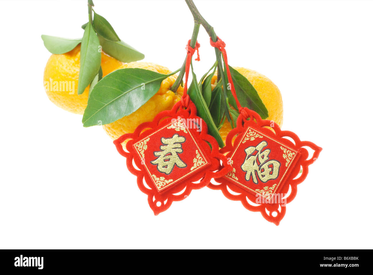 Hanging Chinese new year decorative ornament and mandarin oranges Stock ...