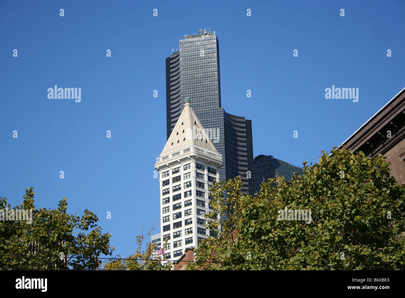black modern Columbia tower with historic white smith tower Seattle ...