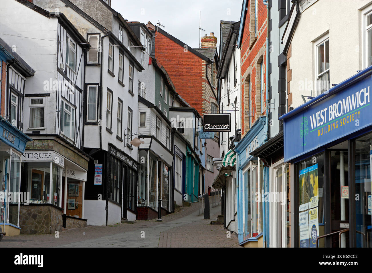 Knighton High Street town center typical buildings Powys Wales UK Stock ...