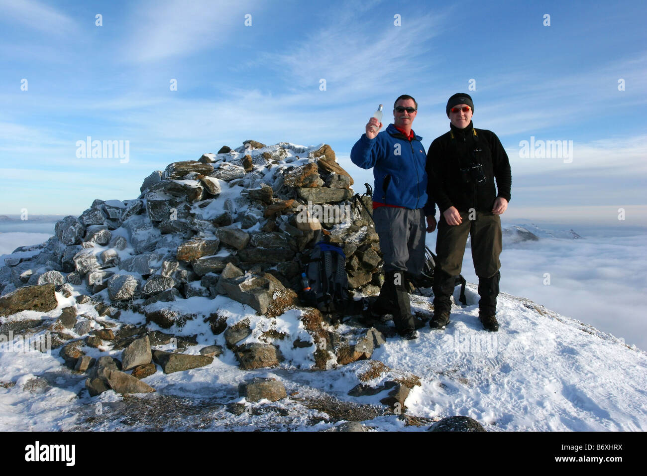 Two hillwalkers toasting to the New Year on the summit of Ben Challum ...