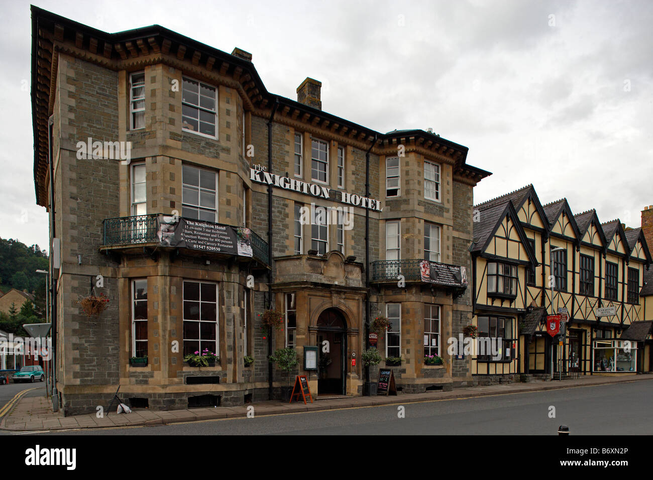 Knighton town center Broad Street typical buildings Powys Wales UK ...