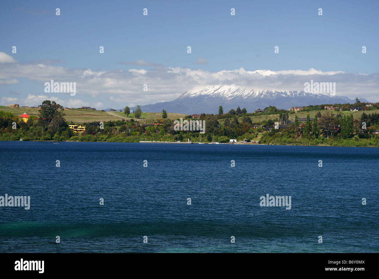 Volcano Calbuco viewed from Puerto Varas with Lago Llanquihue in the ...