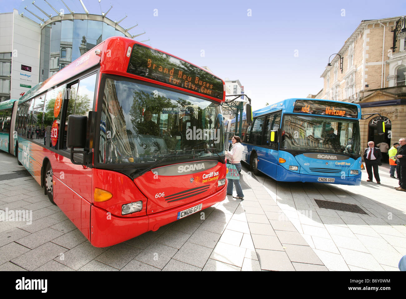Two new bendy buses alongside each other in Cardiff City Centre Stock ...