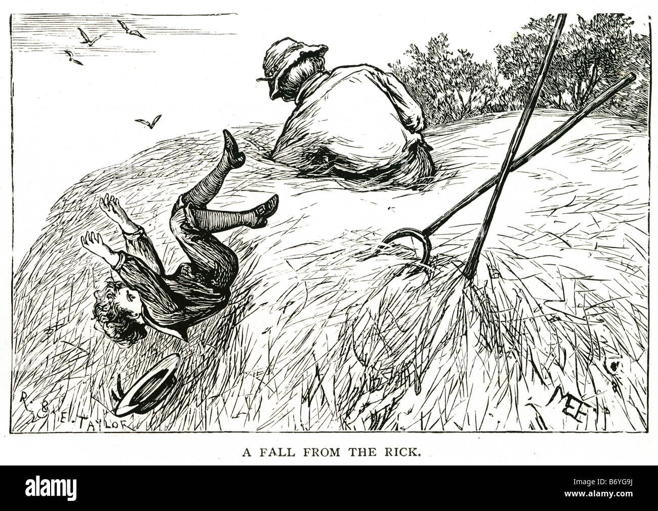 a fall from the rick hay stack boy man summer harvest work tools ...