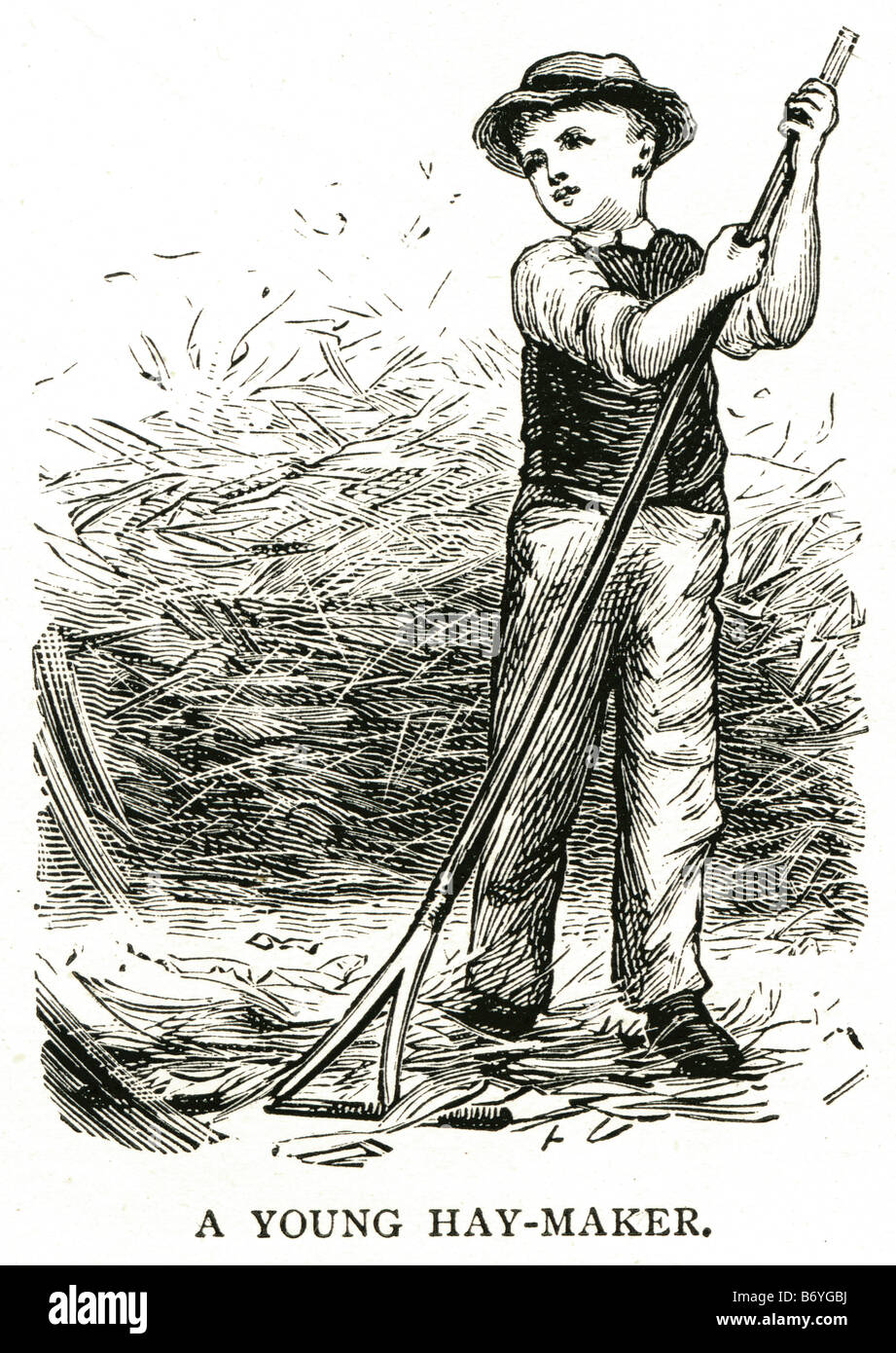 a young hay-maker boy working farm harvest summer tool equipment tools ...