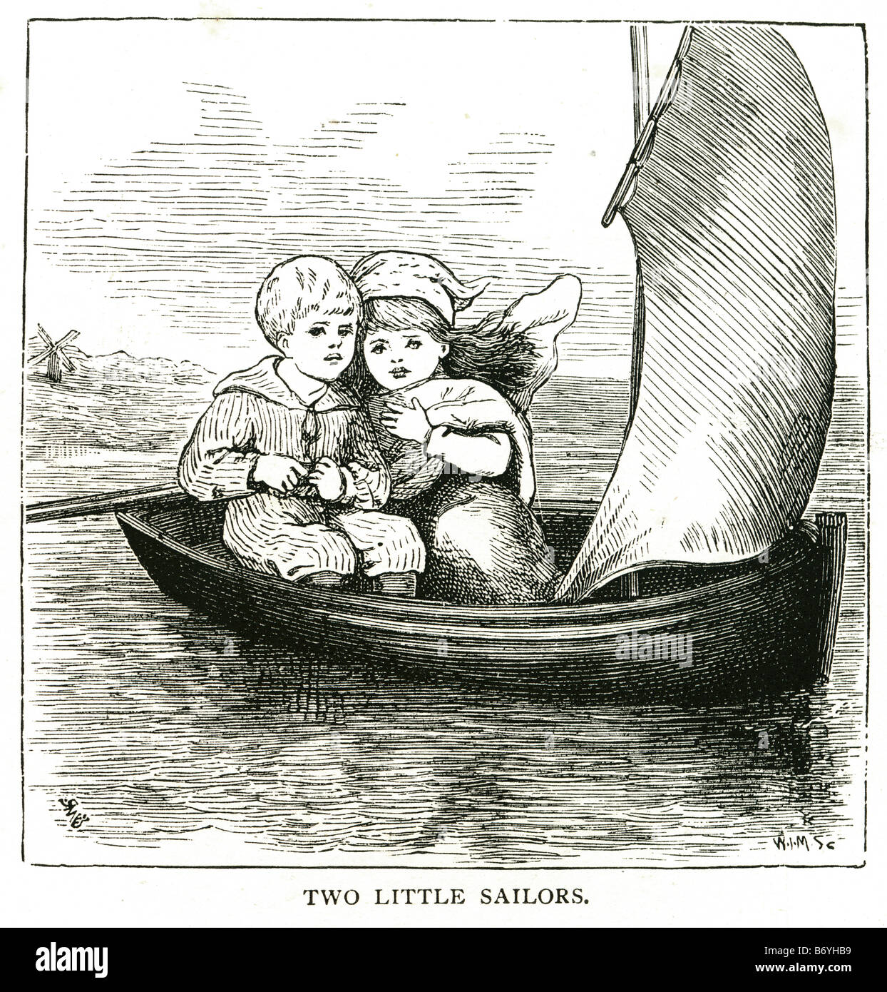 two little sailors sailing boat girls boy rowing sail water lake river ...
