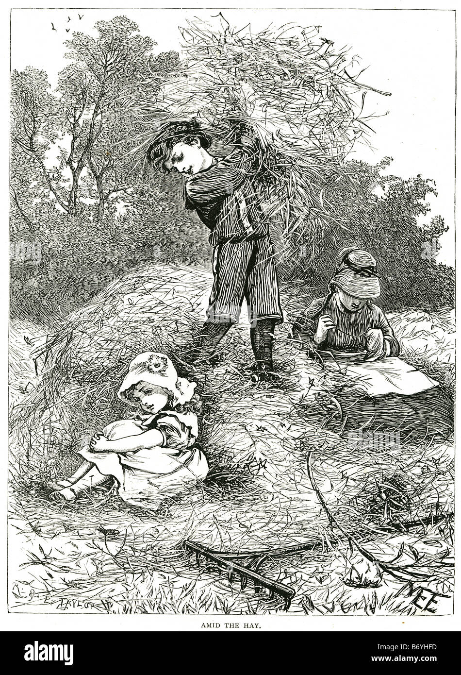 amid the hay children playing boy girl farm field harvest summer mother ...