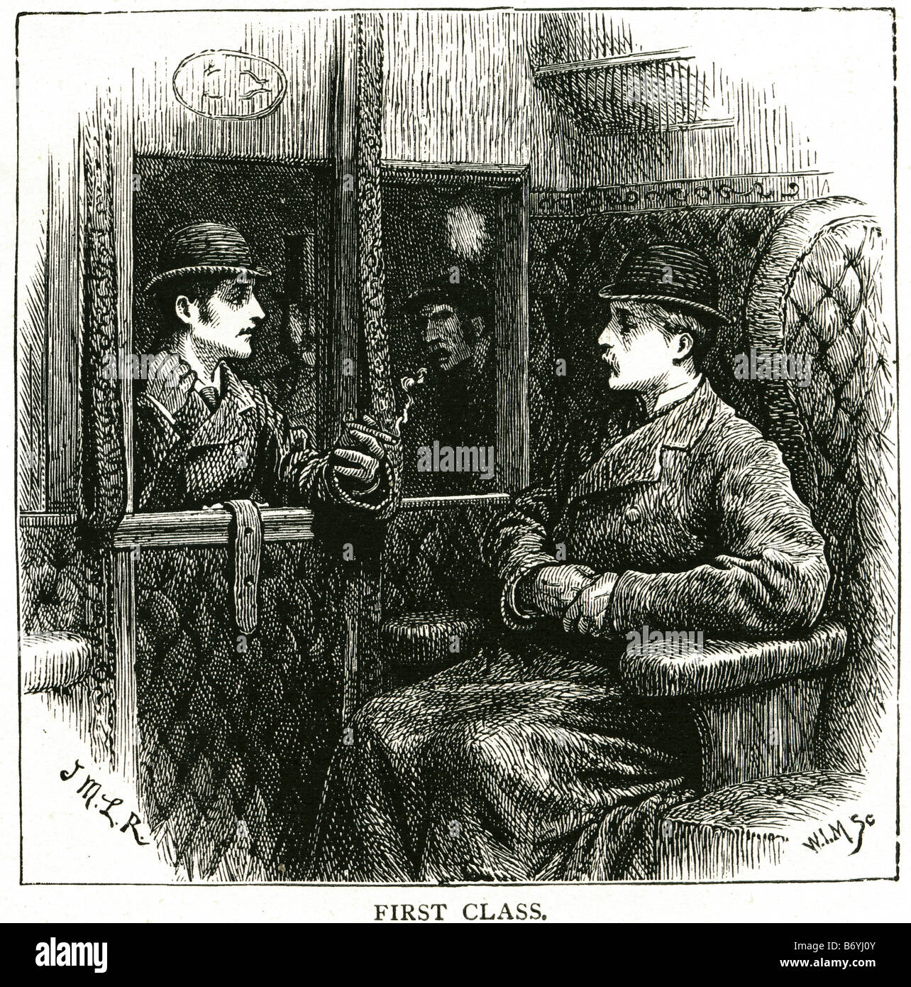 first class carriage train transport steam engine period dress man ...