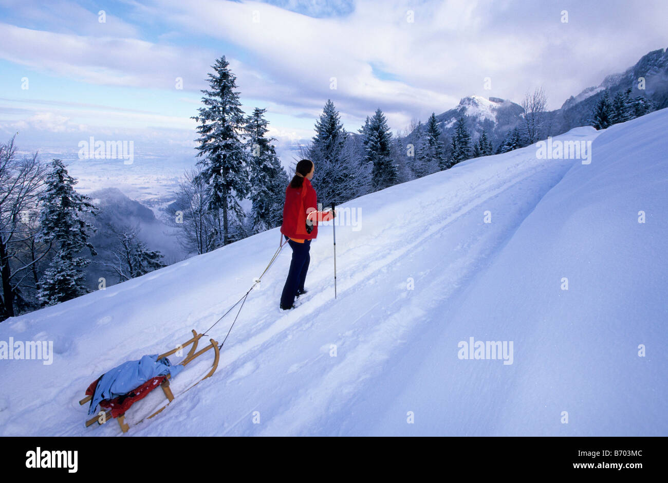 sledging at hut Gsohlalpe, view to valley of Rhein, Hohenems, Bregenzer ...
