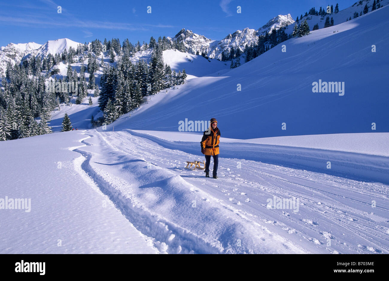 sledging at hut Unterpartnomalpe, Sonnntag, Vorarlberg, Austria Stock ...