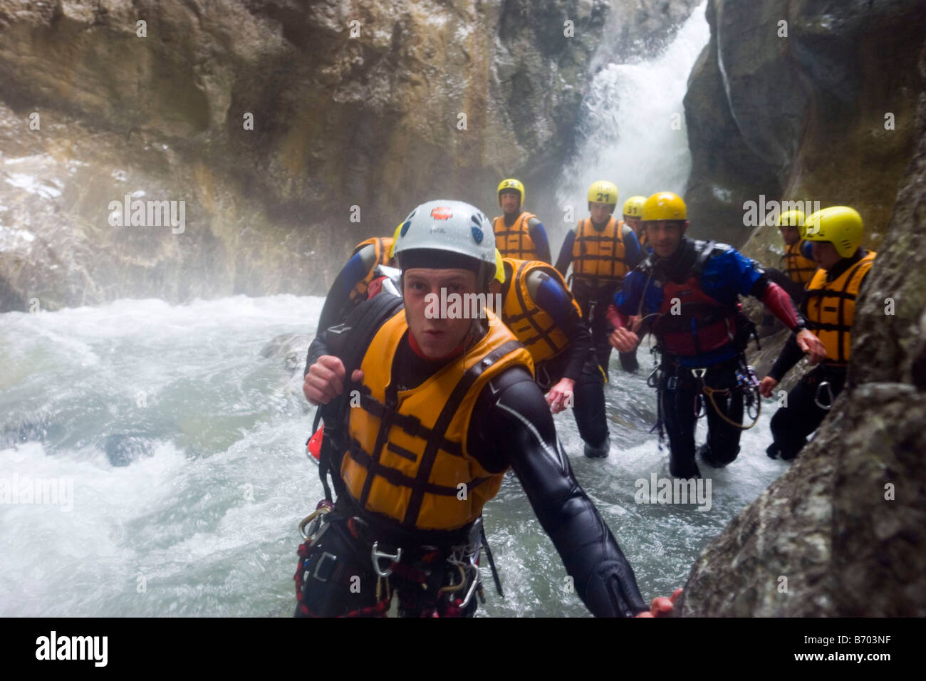 Group canyoning through Saxeten gorge, Saxeten, Bernese Oberland ...