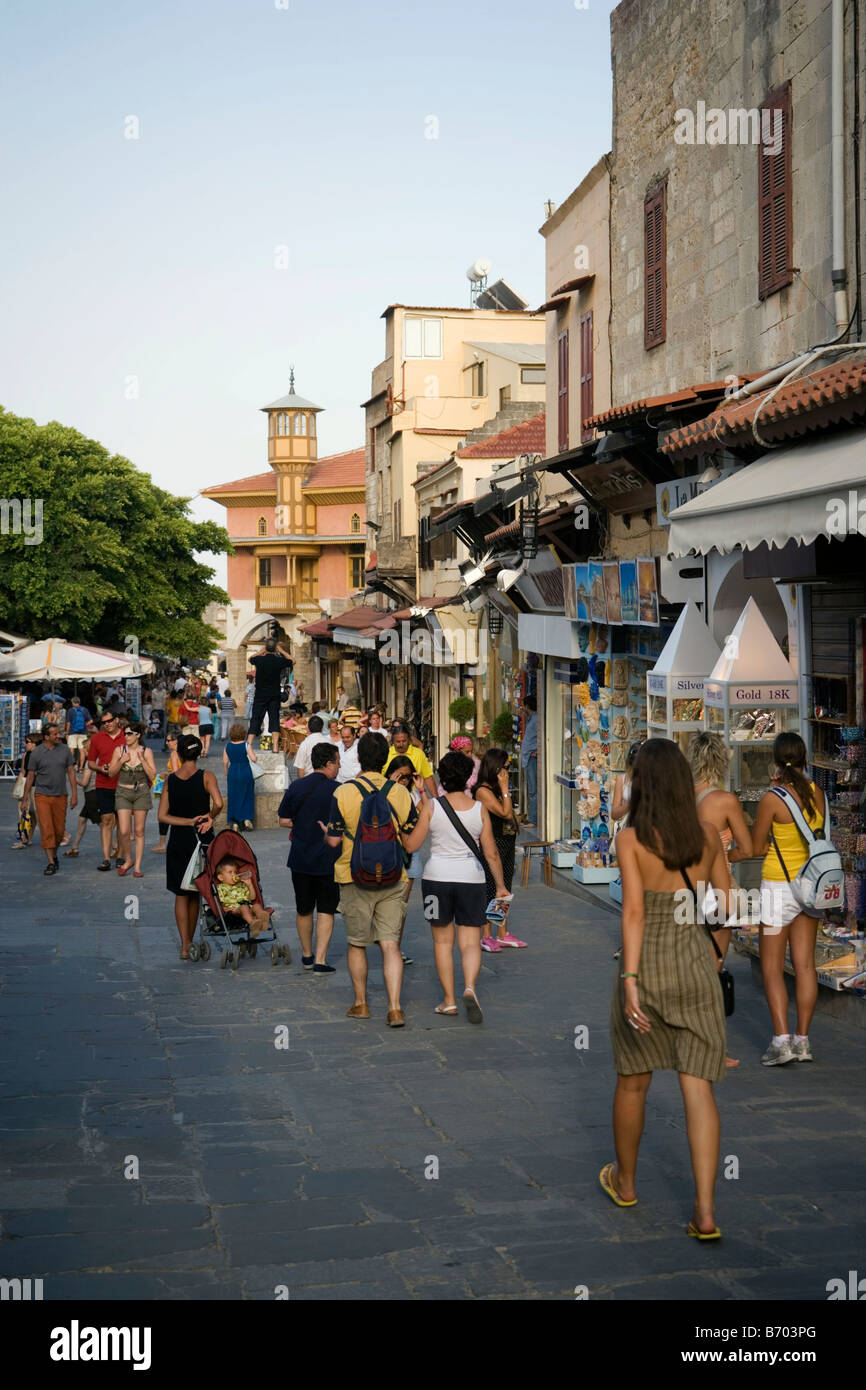 People strolling along shopping street Odos Sokratous, Rhodes Town ...