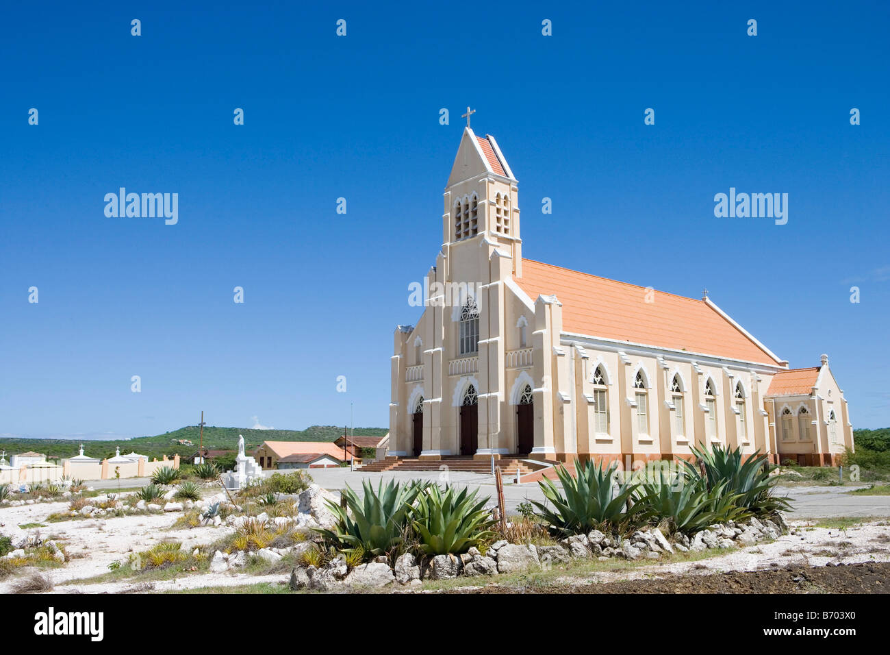 Agaves and Church, St. Willibrordus, Curacao, Netherlands Antilles ...