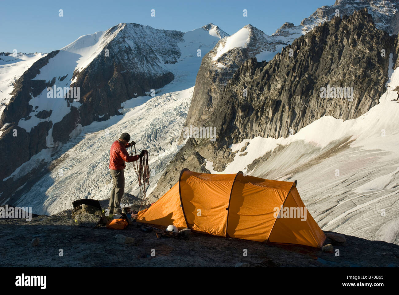 Man at scenic campsite, Bugaboos Provincial Park, British Columbia ...