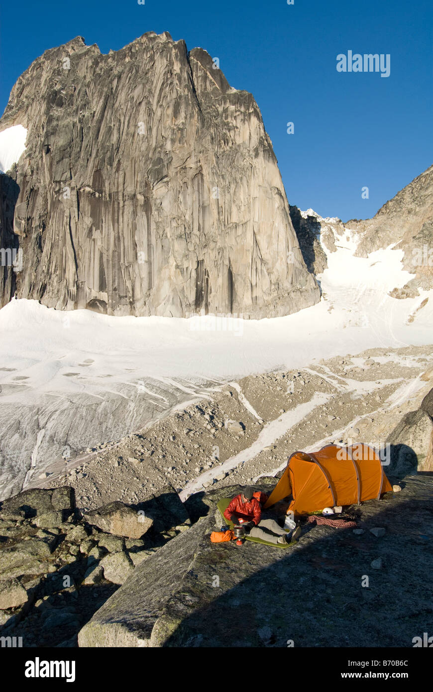 Man at scenic campsite, Bugaboos Provincial Park, British Columbia ...