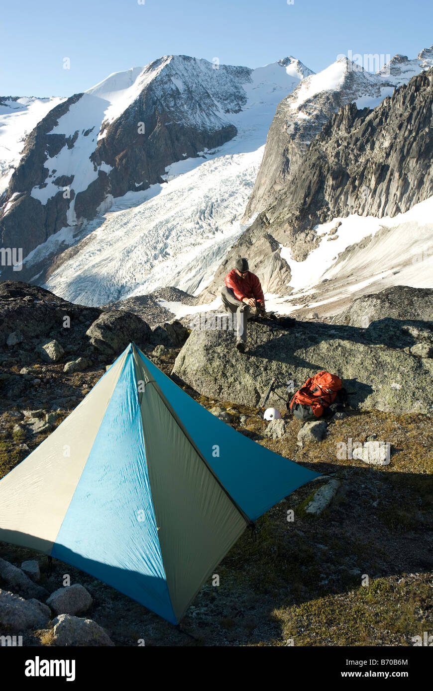 Man at scenic campsite, Bugaboos Provincial Park, British Columbia ...