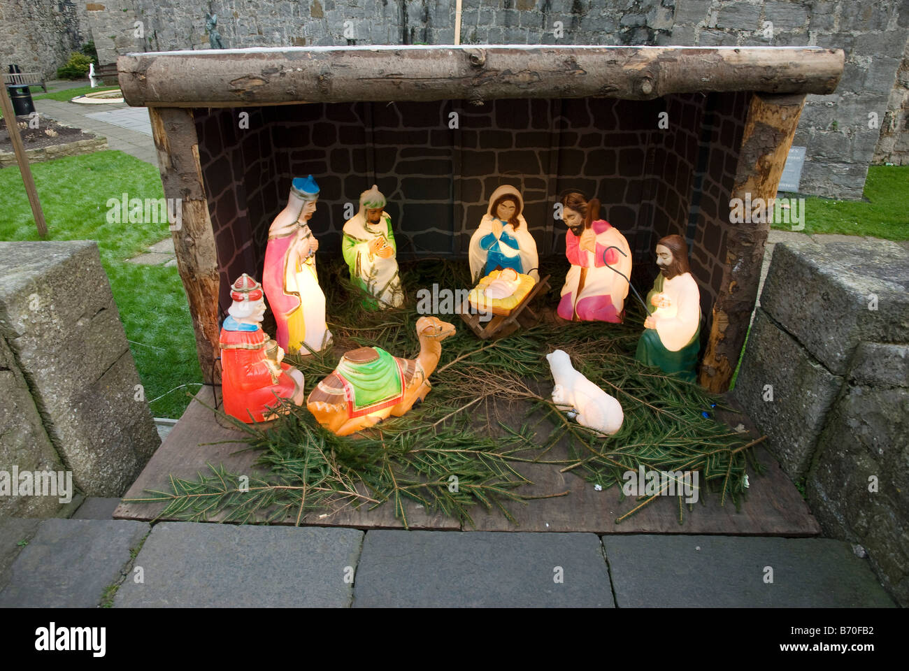 Crib and figures in outdoor scene in Castletown, Isle of Man Stock ...