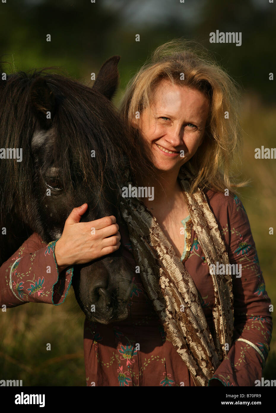 Lady Alice Douglas with black pony Snowdonia North Wales Stock Photo ...
