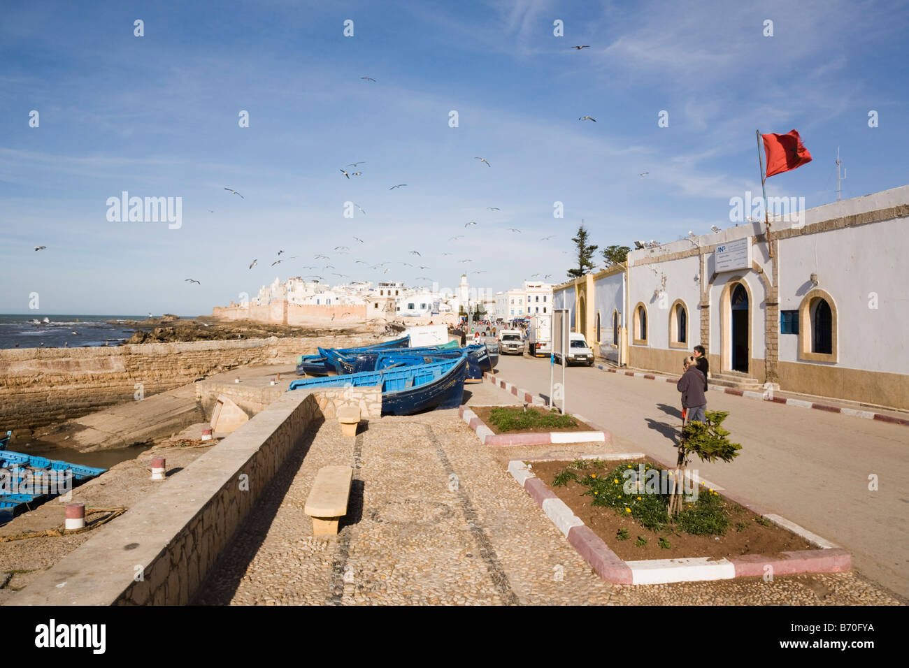 Essaouira Morocco View along seafront by Port Authority building to ...