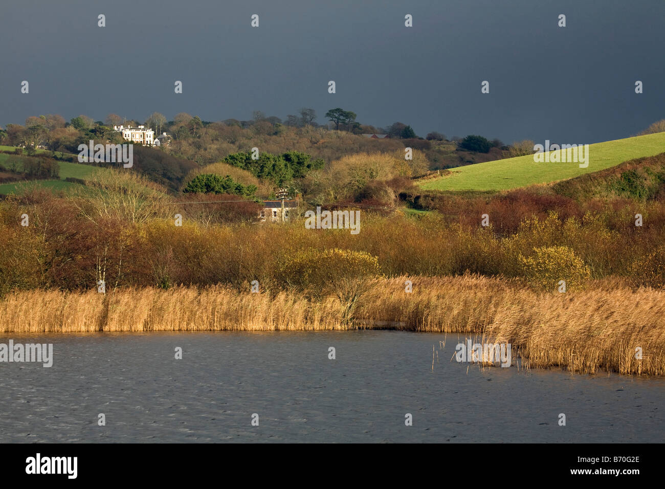 view across par beach pond cornwall Stock Photo - Alamy